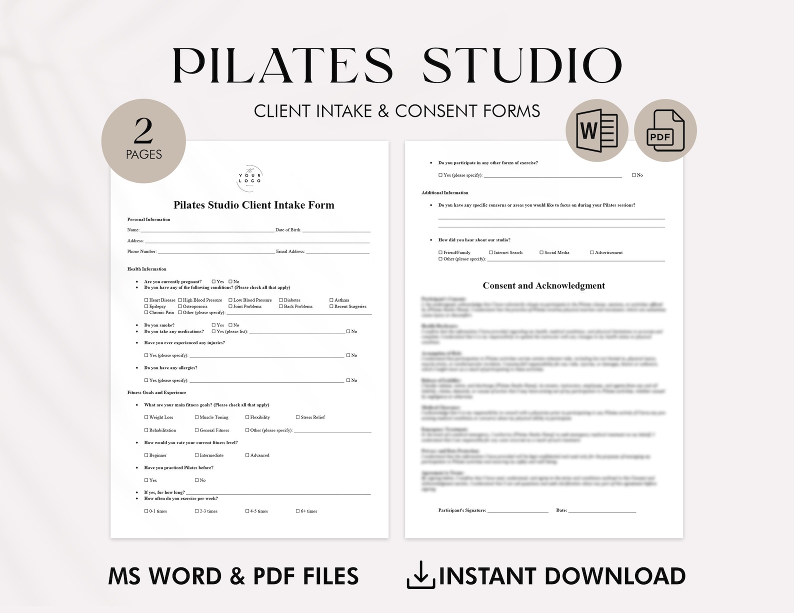 Pilates Studio Client Intake Form Template, Pilates New Client Consent ...