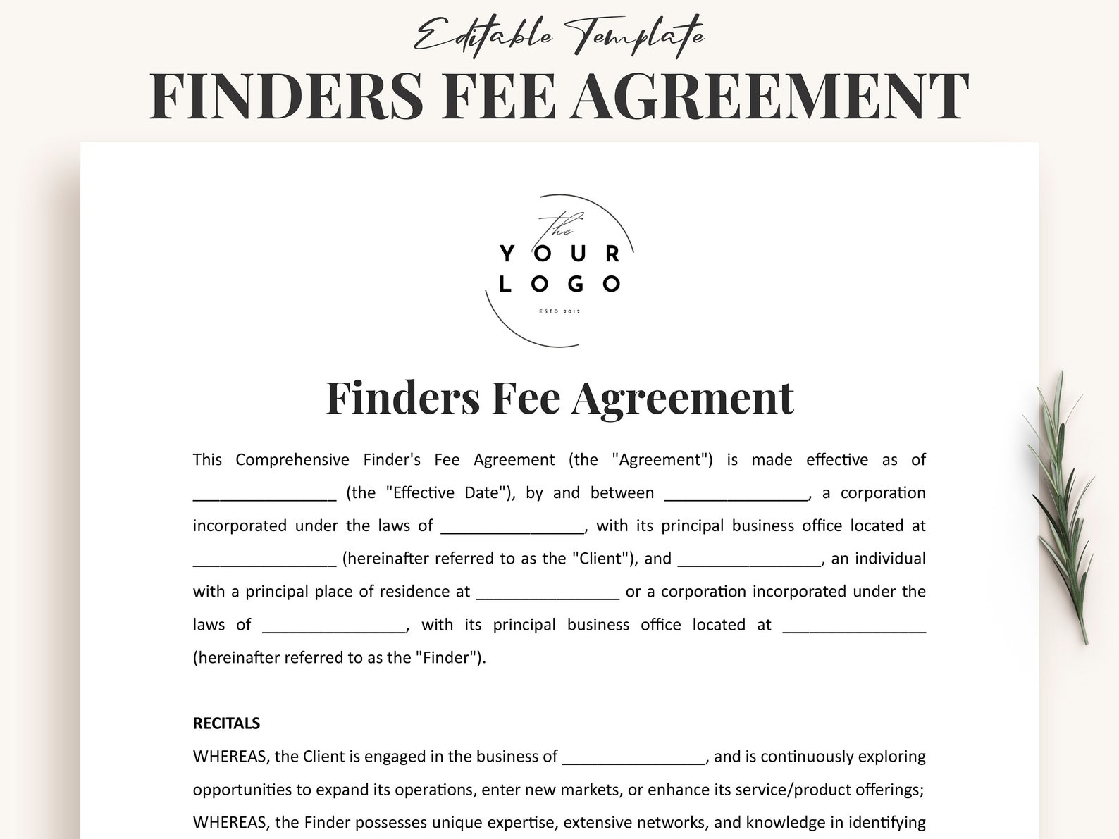 Finders Fee Agreement Template - Customizable Business Introduction ...