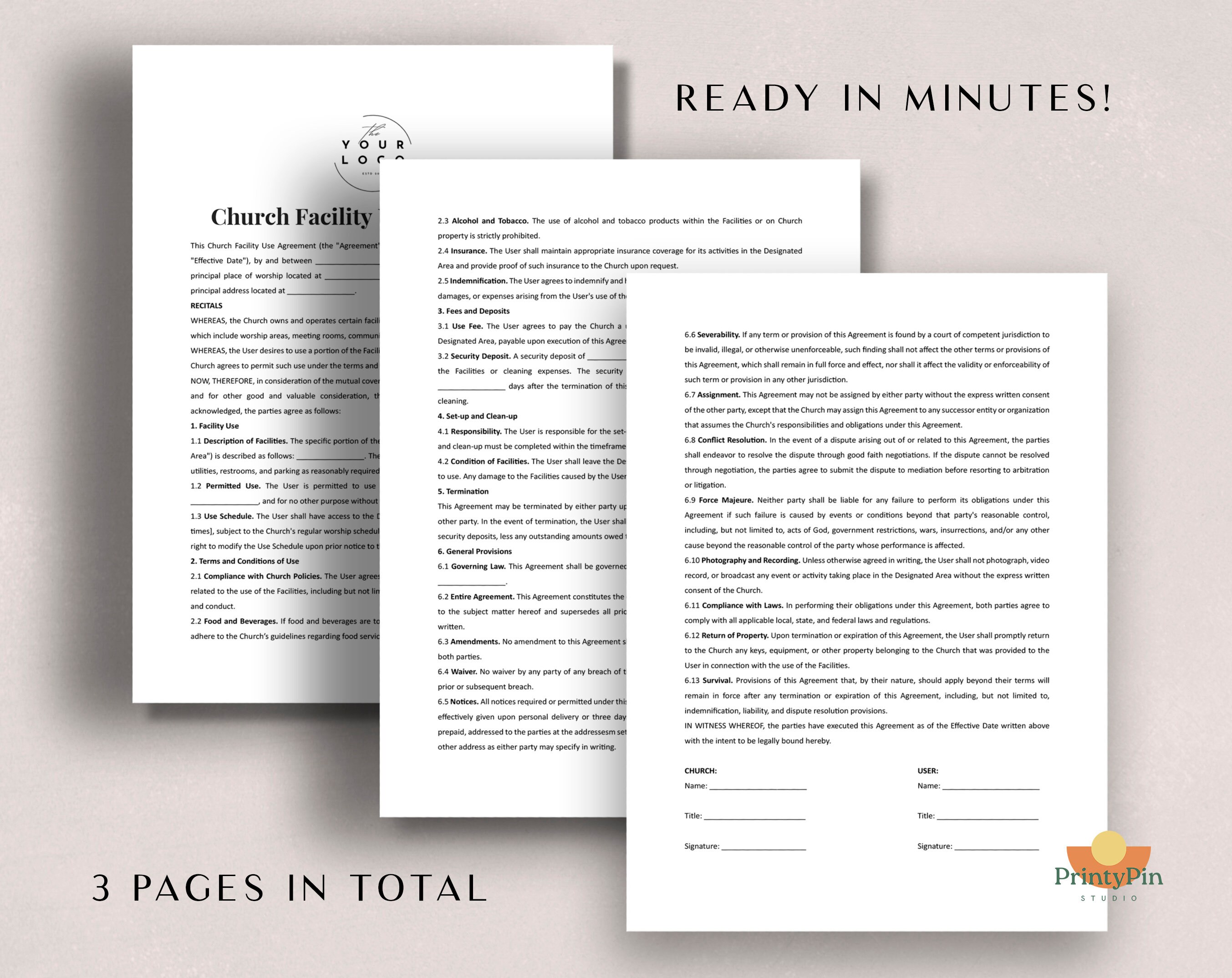 Church Facility Use Agreement Template - Editable Church Rental ...