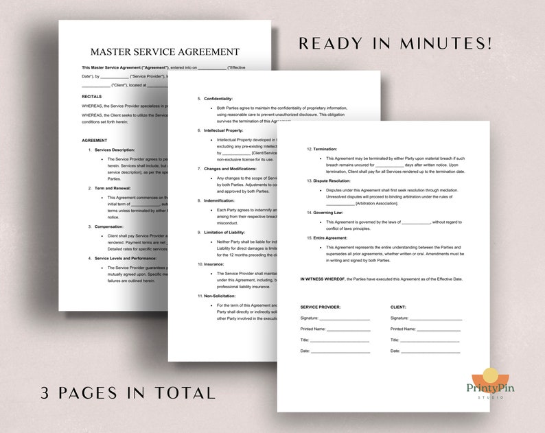 Master Service Agreement Template - Instant Download, Editable PDF ...