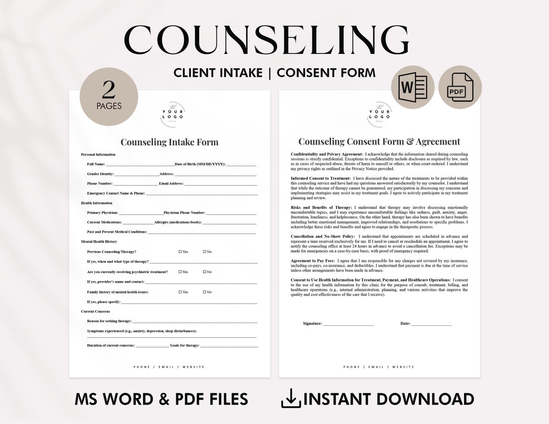 Counseling Intake Form - Printable Therapy Consent Forms - Therapist ...