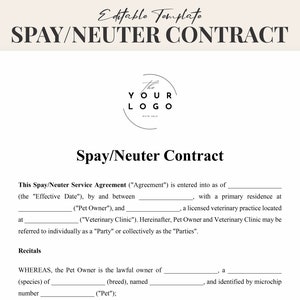 Spay Neuter Contract Template - Instant Download, Pet Surgery Agreement ...