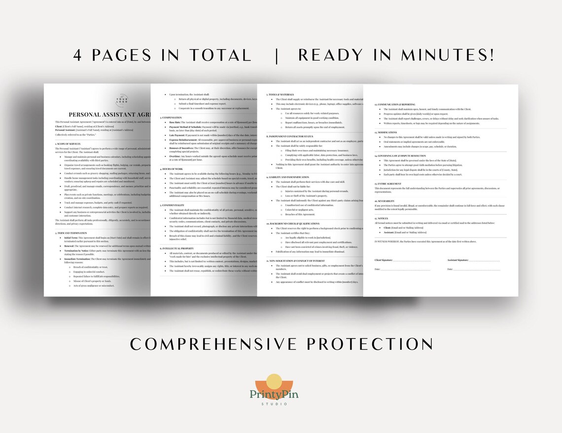 Personal Assistant Contract Template – Editable Agreement | PA Service ...