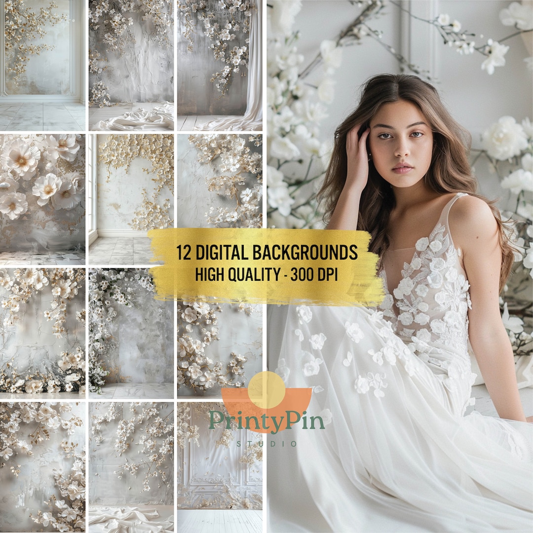 12 White Floral Digital Backdrops - 300 DPI Elegant Wedding & Portrait ...
