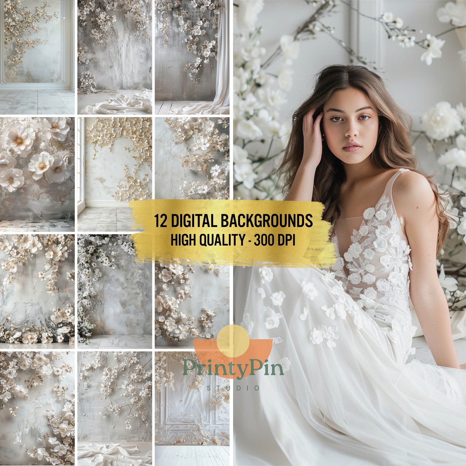 12 White Floral Digital Backdrops - 300 DPI Elegant Wedding & Portrait ...
