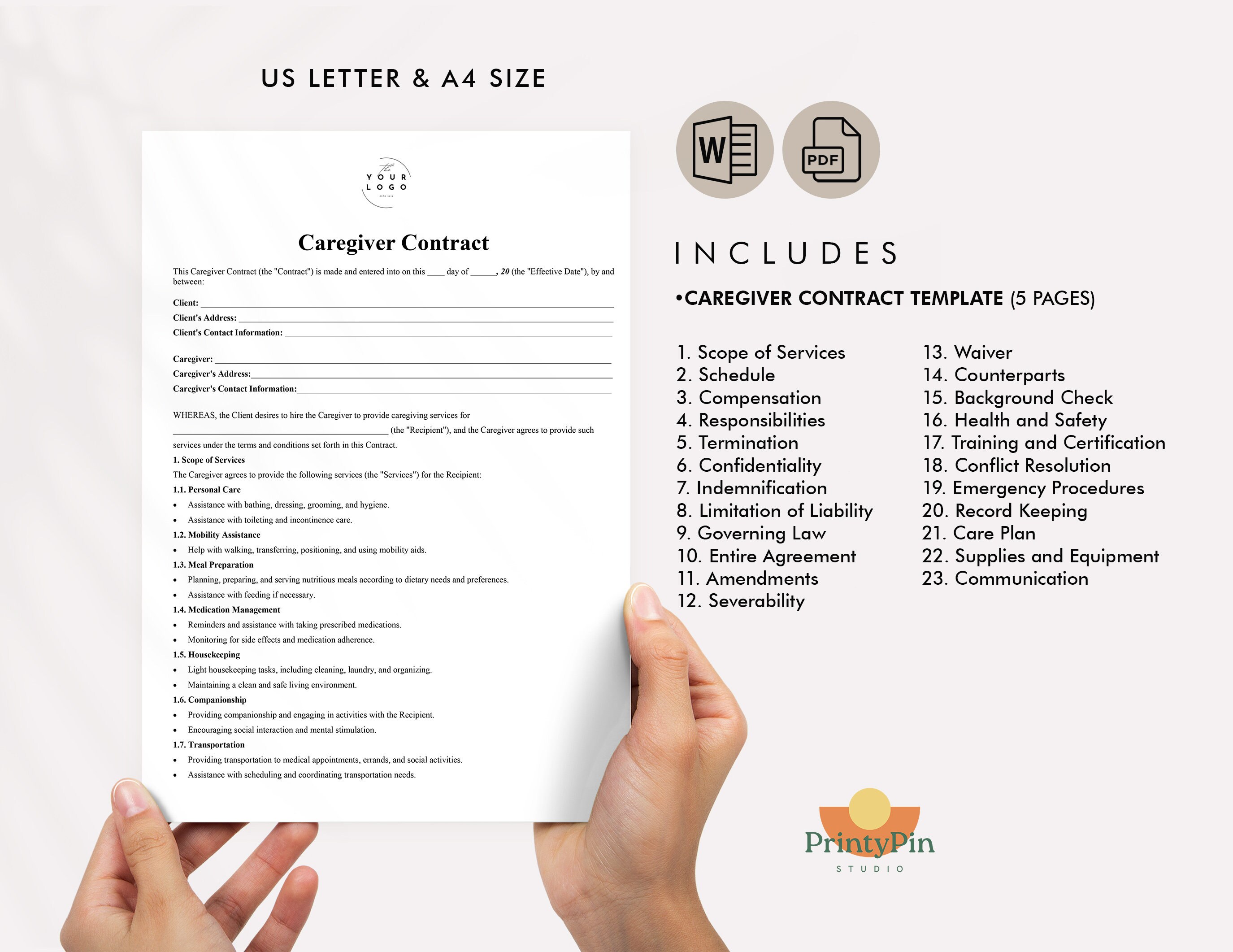 Caregiver Contract Template | Editable Caregiver Agreement PDF & WORD ...