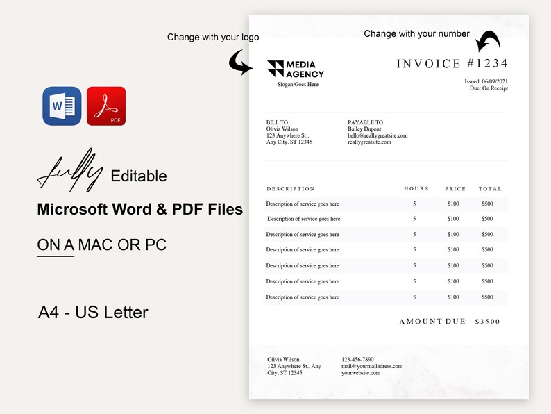 Editable Invoice Template Word PDF Download Printable Customizable ...