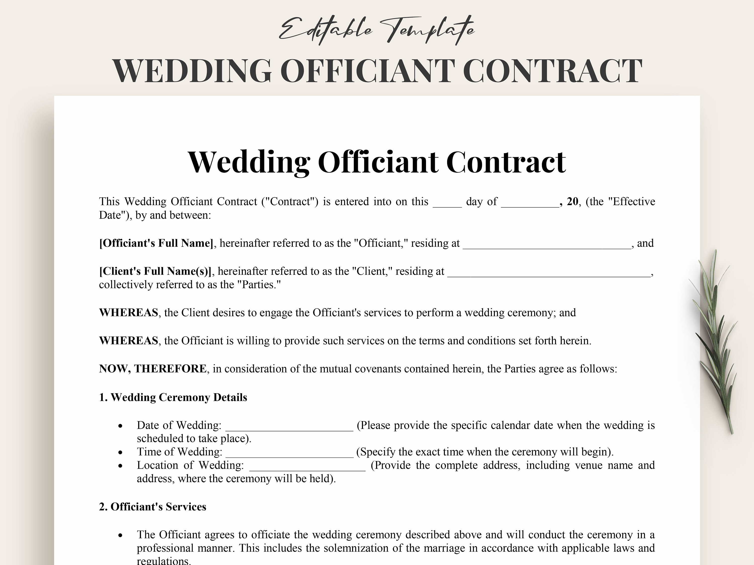 Editable Wedding Officiant Contract Template - Ceremony Agreement ...