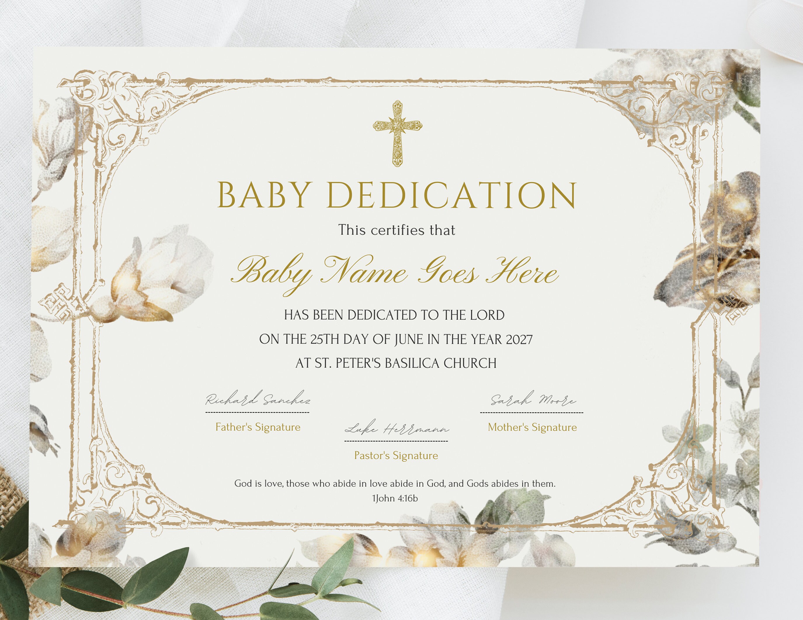 Baby Dedication Certificate Template, Baptism, Baby Christening, Modern ...