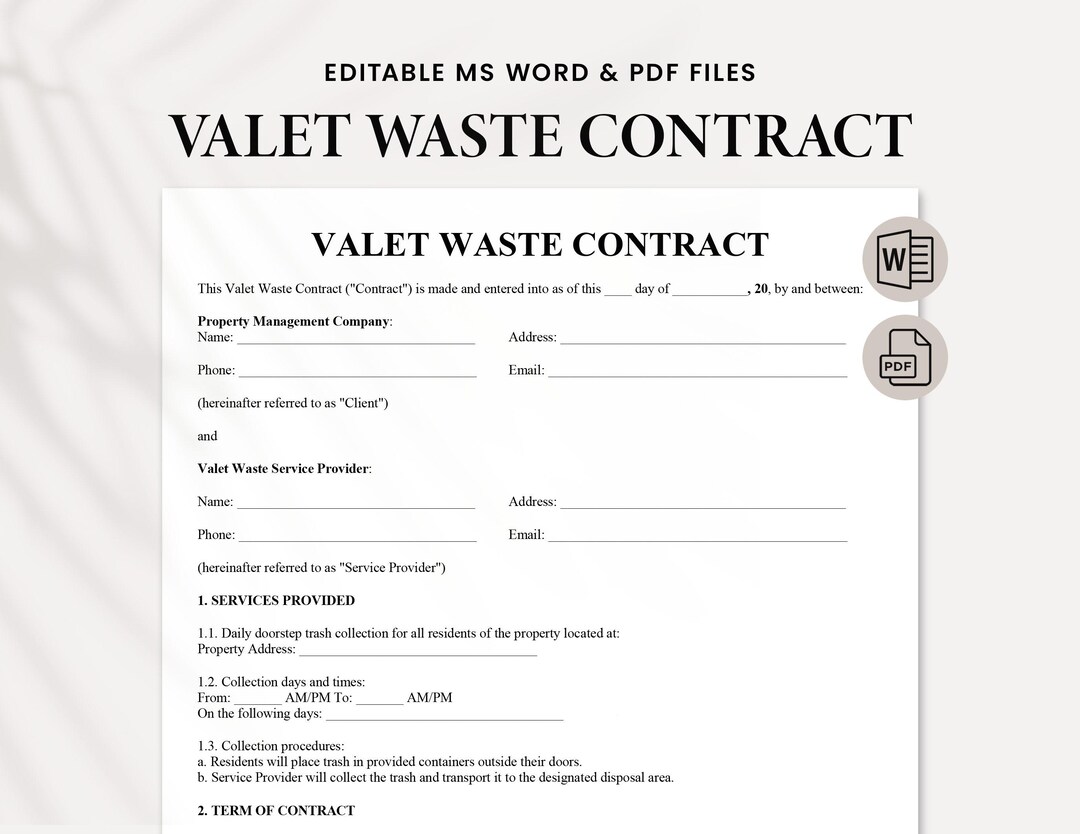 Valet Waste Contract PDF - Customizable Valet Waste Service Agreement ...