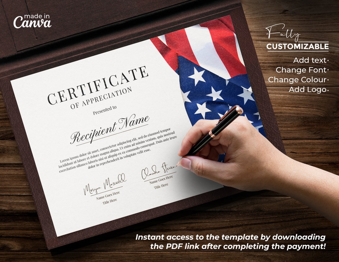 Editable American Certificate, Printable Certificate Template American ...
