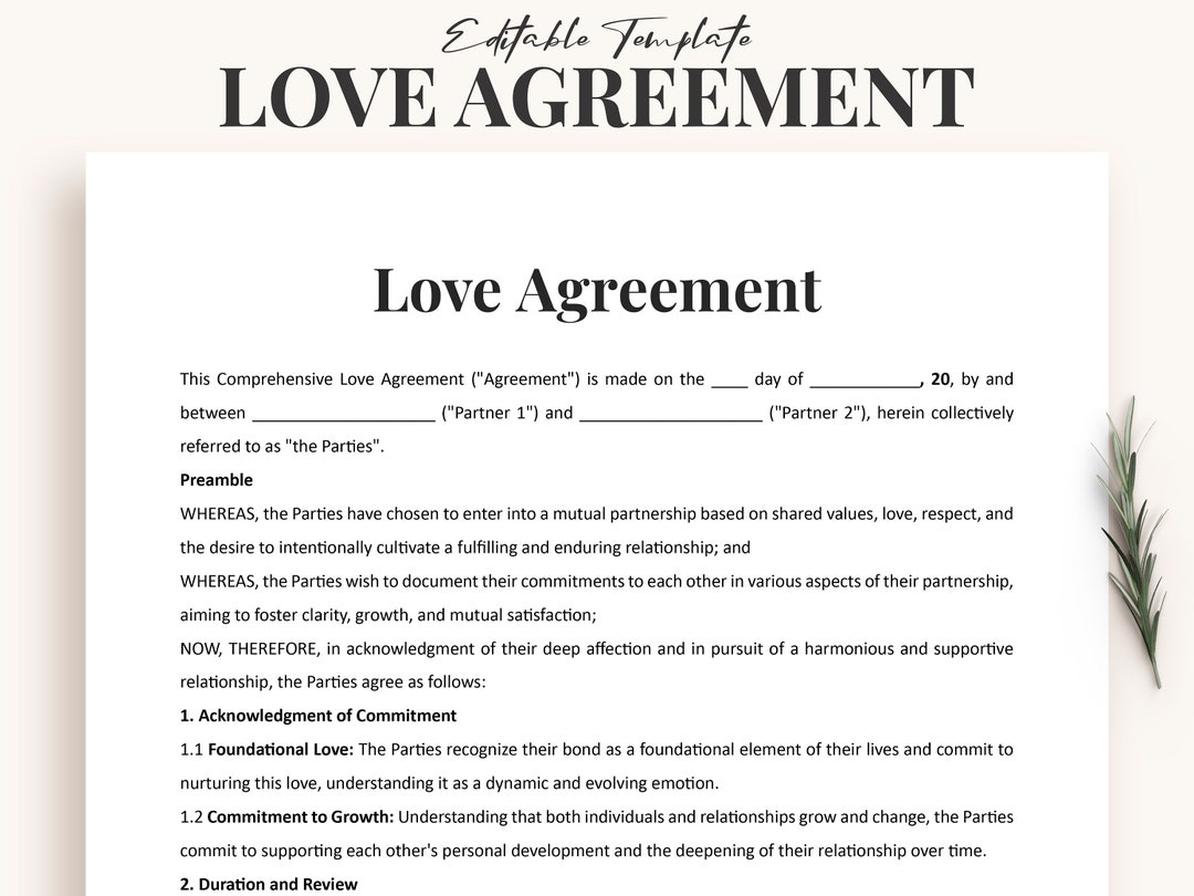 Editable Love Agreement Template - Couples Commitment Plan in Word ...