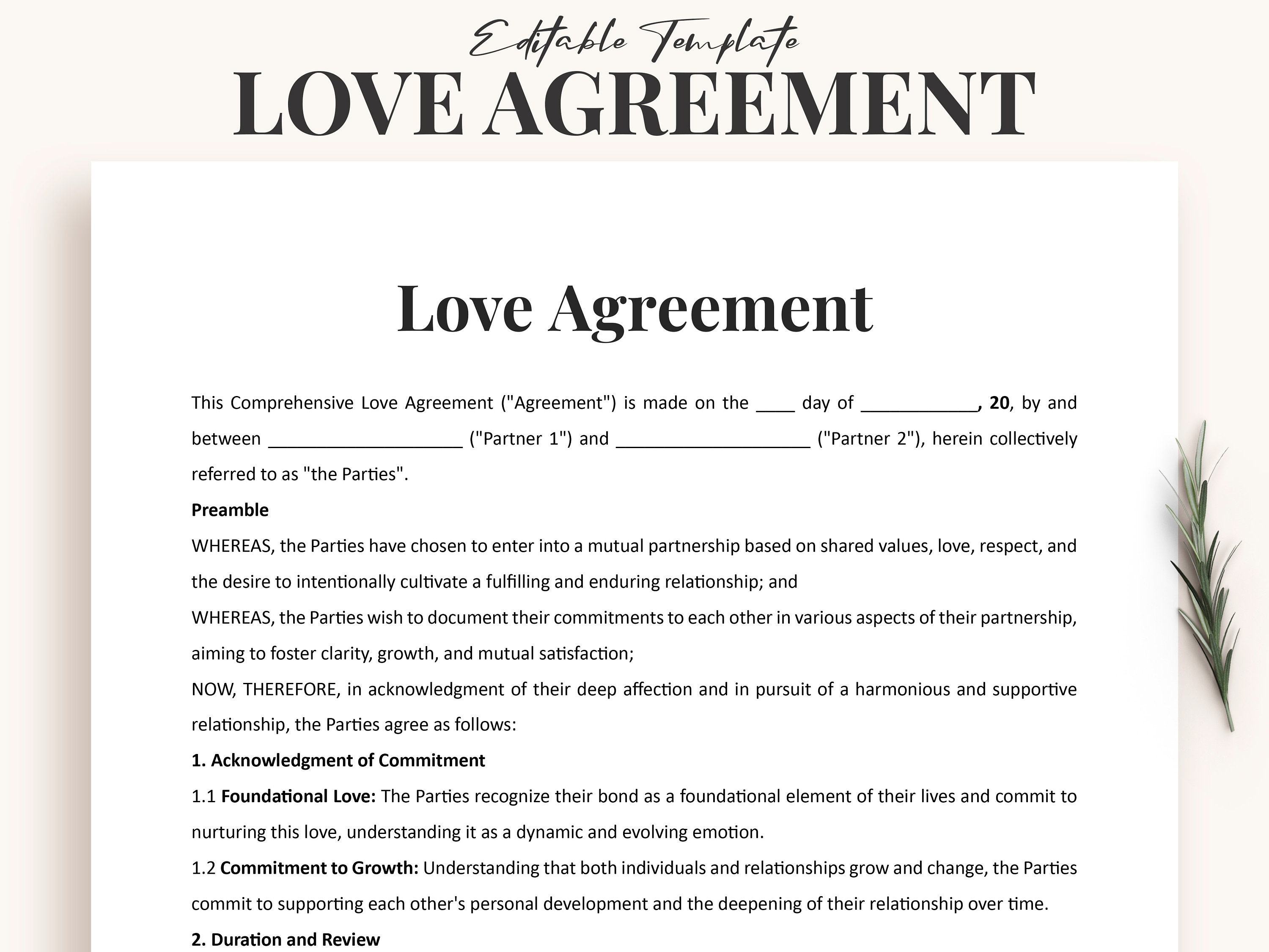 Editable Love Agreement Template - Couples Commitment Plan in Word ...