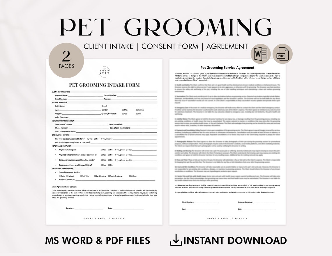 Pet Grooming Client Intake Form Template | Detailed Pet Grooming ...
