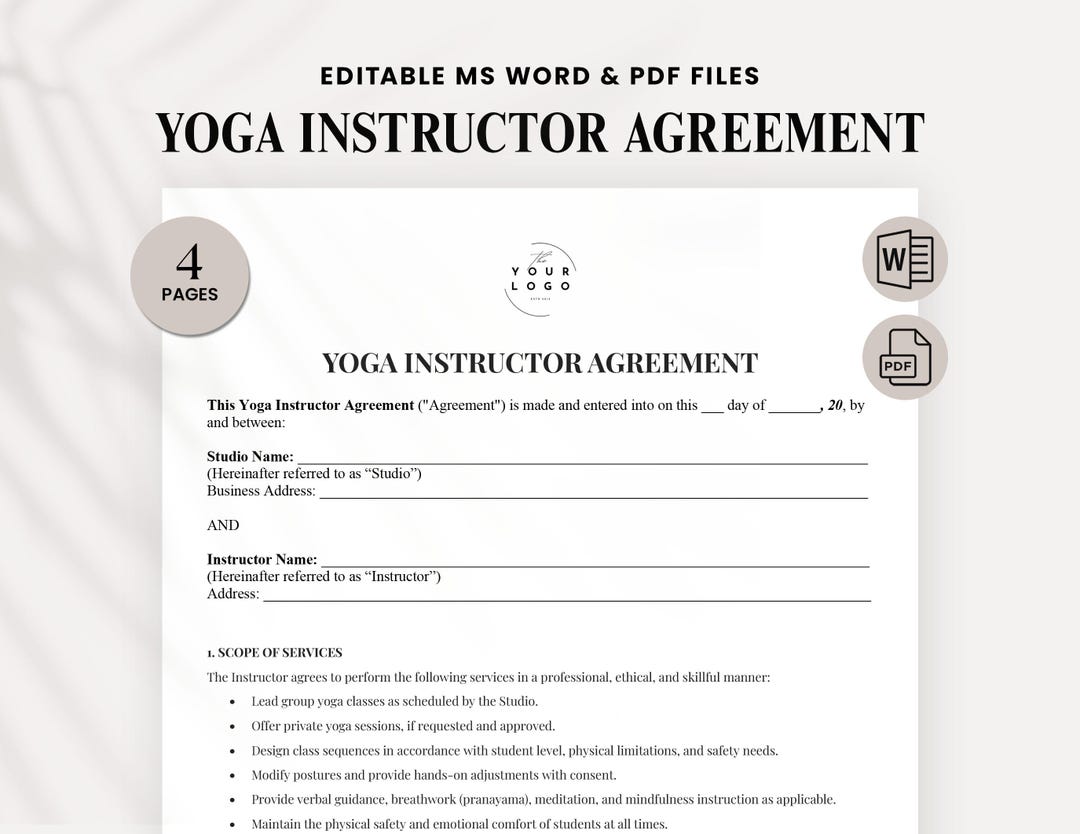 Yoga Instructor Agreement Template – Editable Yoga Teacher Contract ...