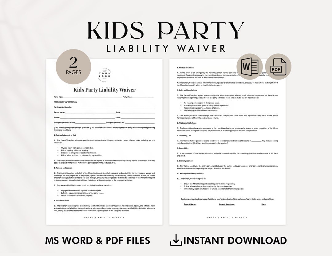 Liability Waiver for Kids Party - Children's Party Waiver Form ...