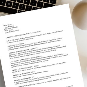 Last Will and Testament Template Printable Legal Document for Estate ...