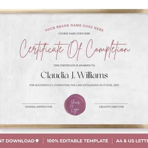 Rose Gold Certificate of Completion Template, Editable Lash Certificate ...