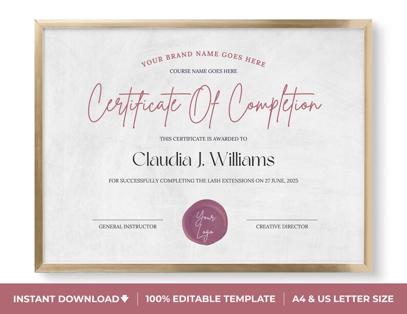 Rose Gold Certificate of Completion Template Editable Lash - Etsy