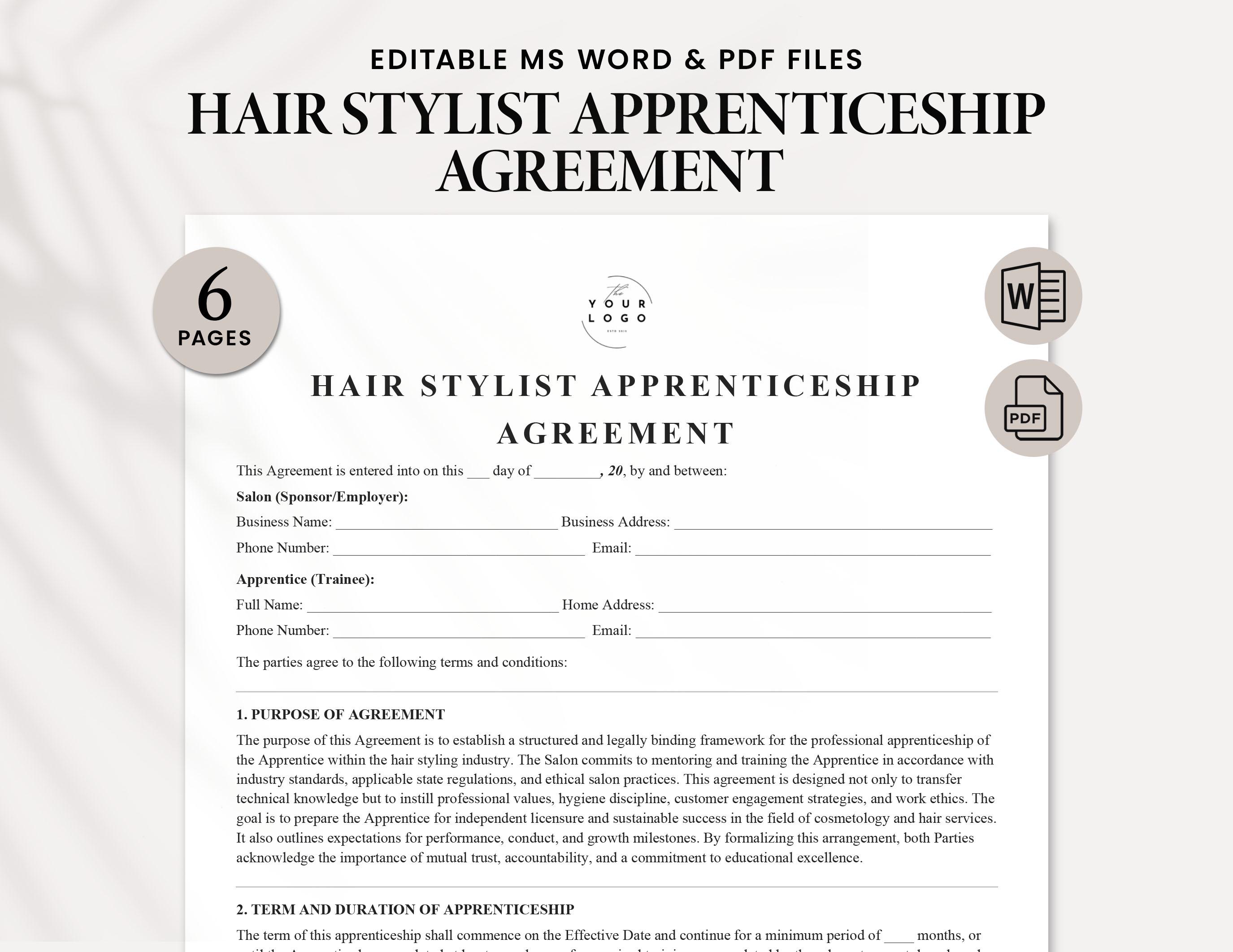 Hair Stylist Apprenticeship Agreement Template - Editable Salon ...