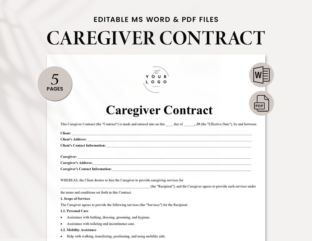 Caregiver Contract Template | Editable Caregiver Agreement PDF & WORD ...