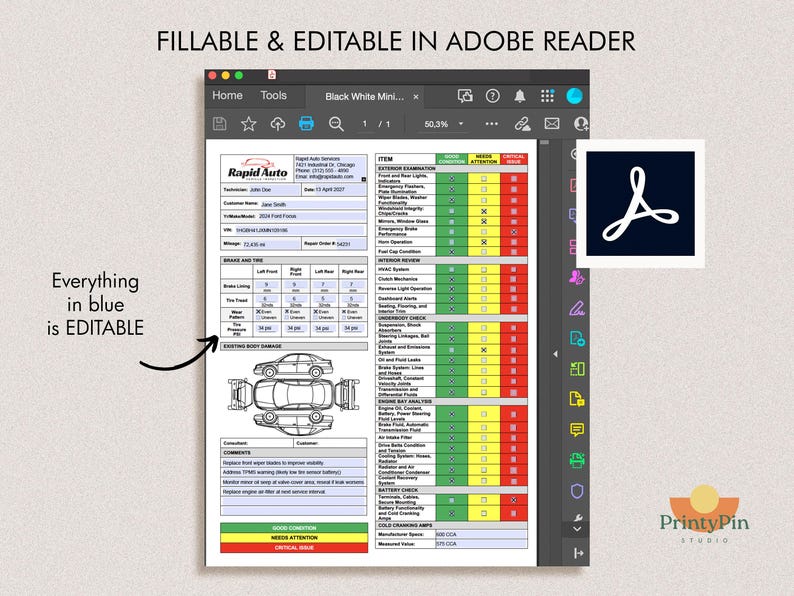Editable Vehicle Inspection Report Template | Fillable PDF & Word Auto ...