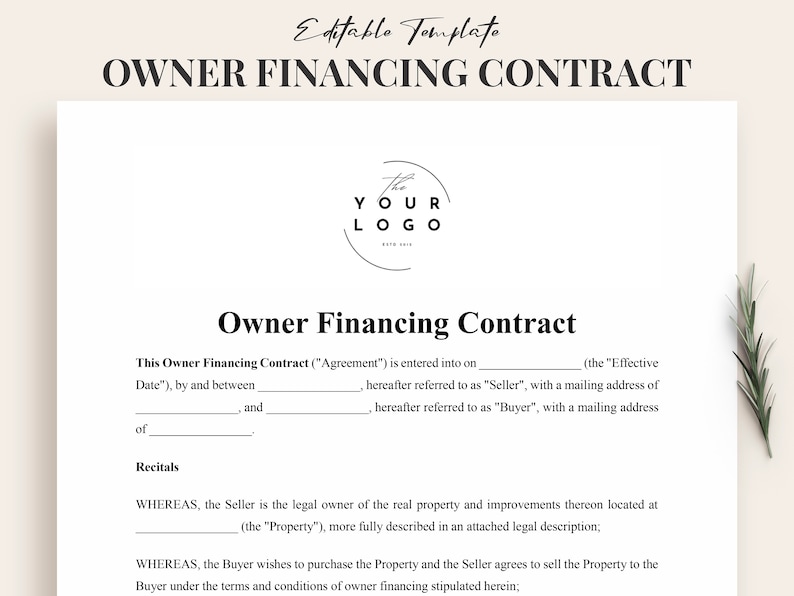 Customizable Owner Financing Contract Template PDF - Real Estate Sale ...