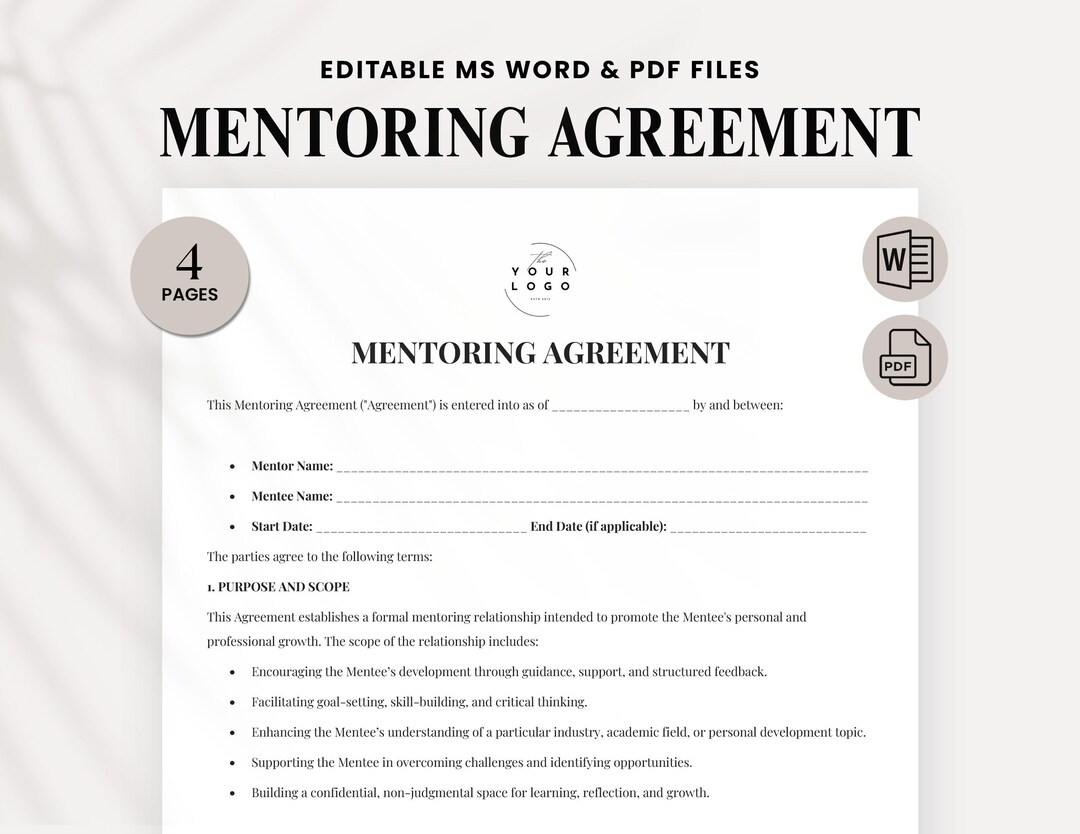 Mentoring Agreement Template | Mentor Contract PDF | Editable ...