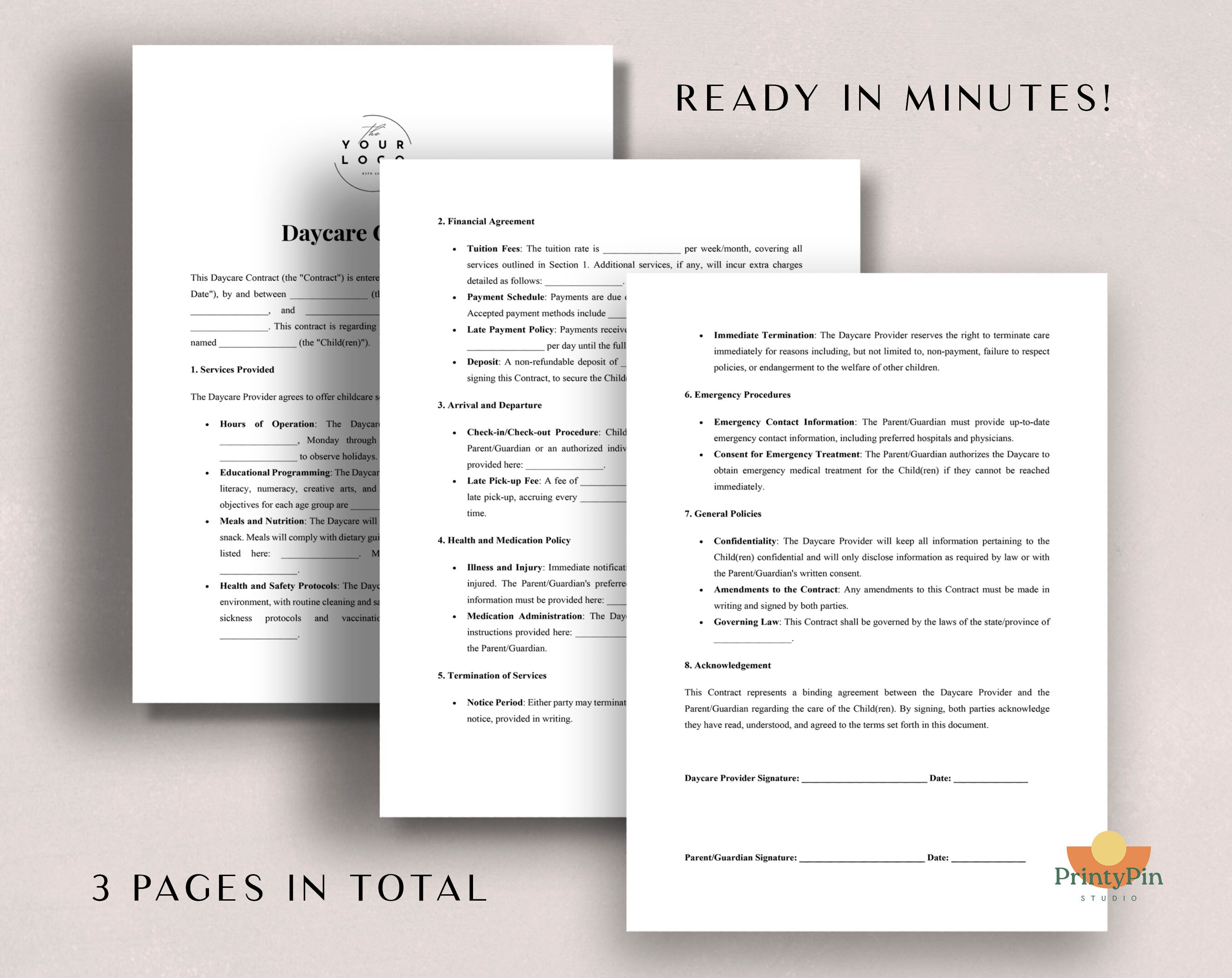 Printable Daycare Contract Template - Customizable Childcare Agreement ...