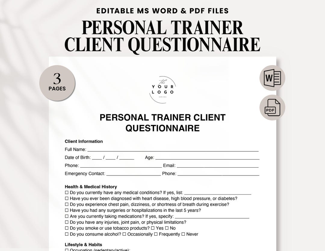 Personal Trainer Client Questionnaire – Editable Fitness Intake and ...