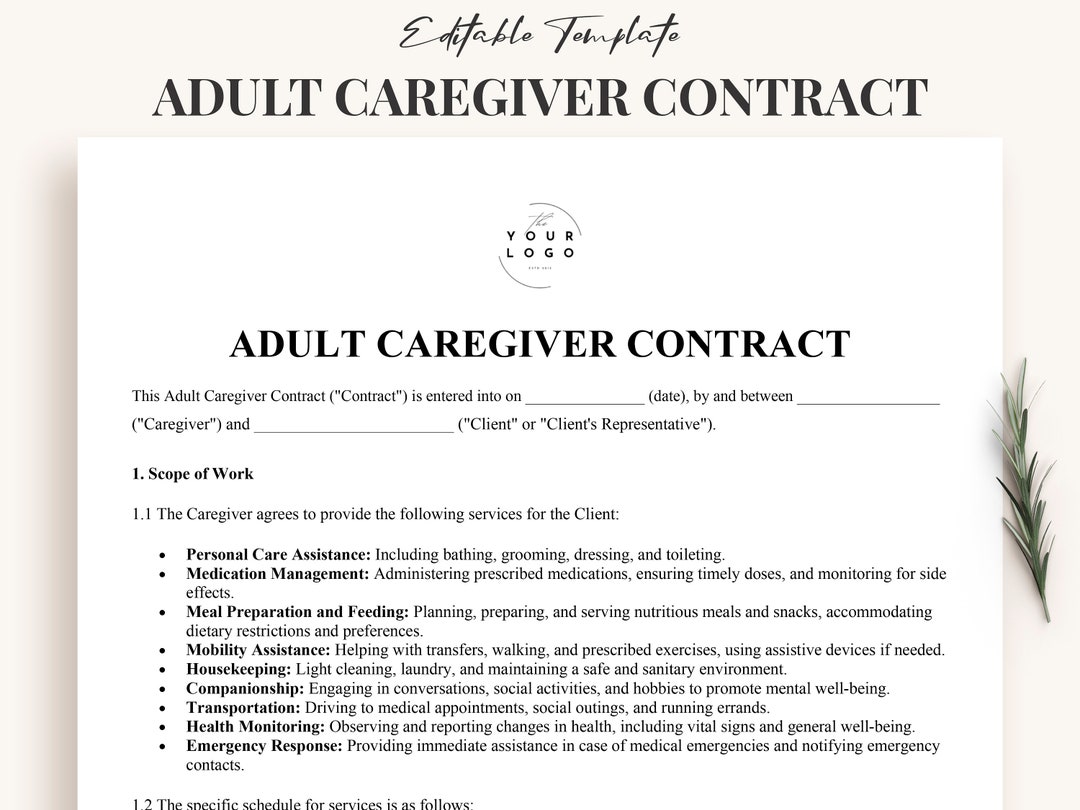 Adult Caregiver Contract Template | Editable In-home Care Agreement ...