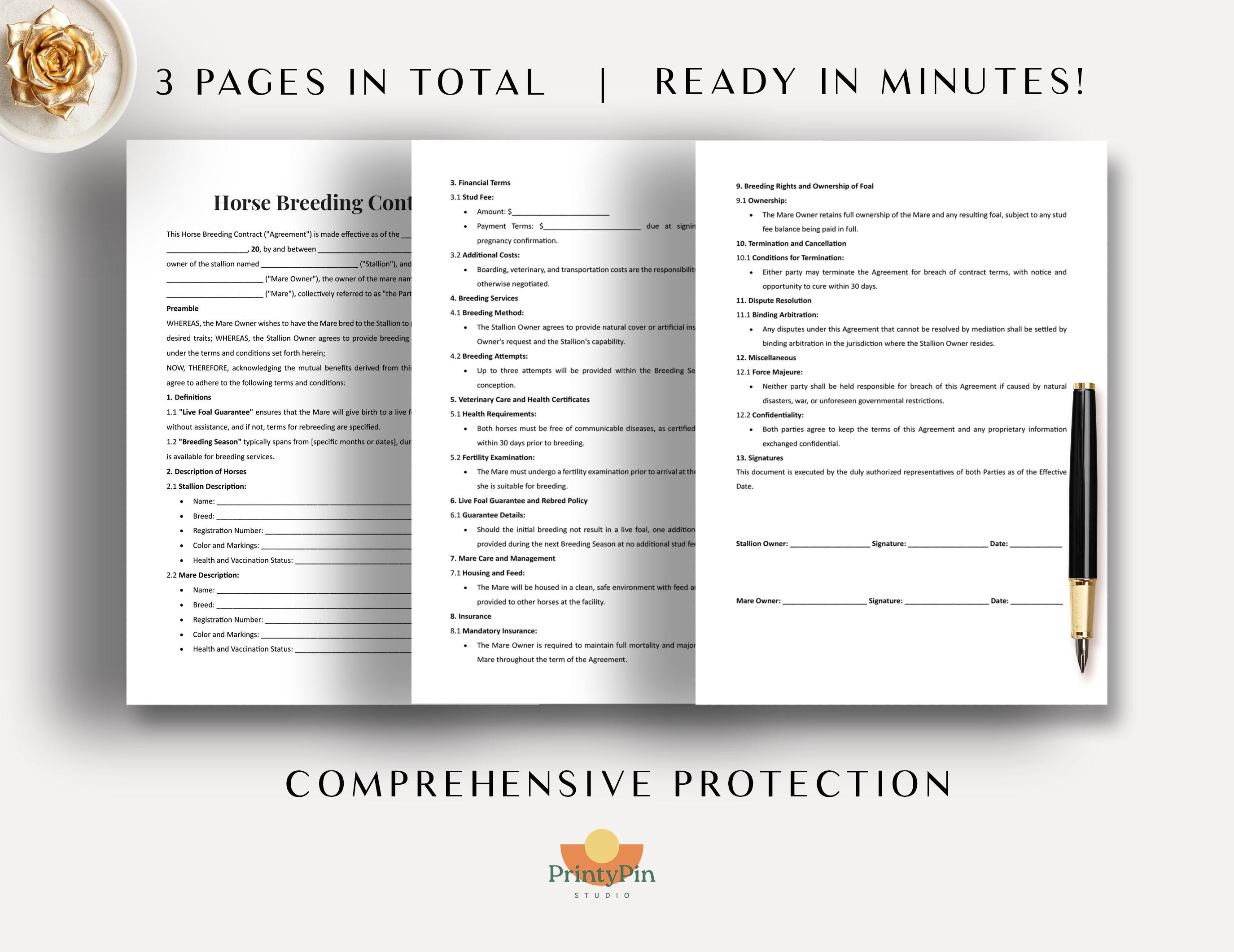 Horse Breeding Contract Template - Customizable Equine Breeding Agreement, Printable Document ...