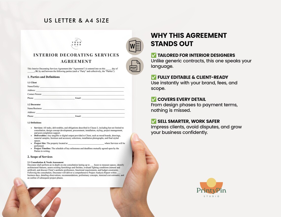 Interior Design Contract Template - Editable Client Agreement for ...