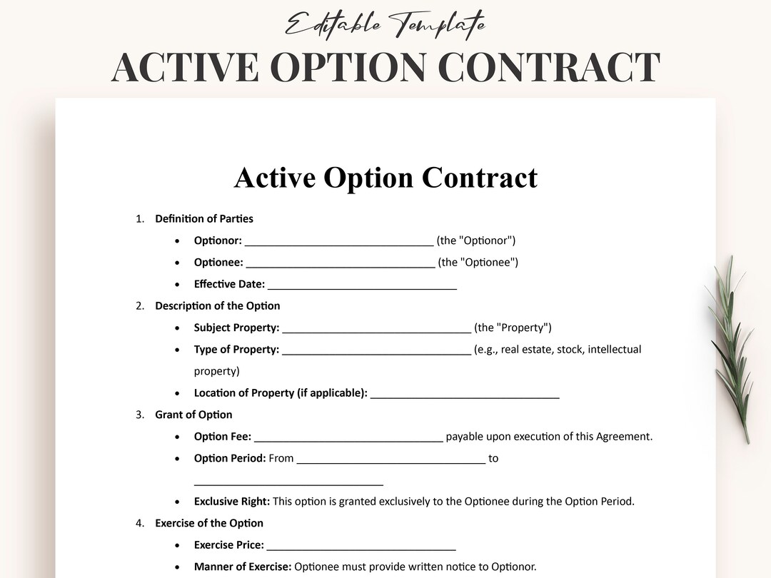 Active Option Contract Template PDF - Legal Agreement Forms for ...