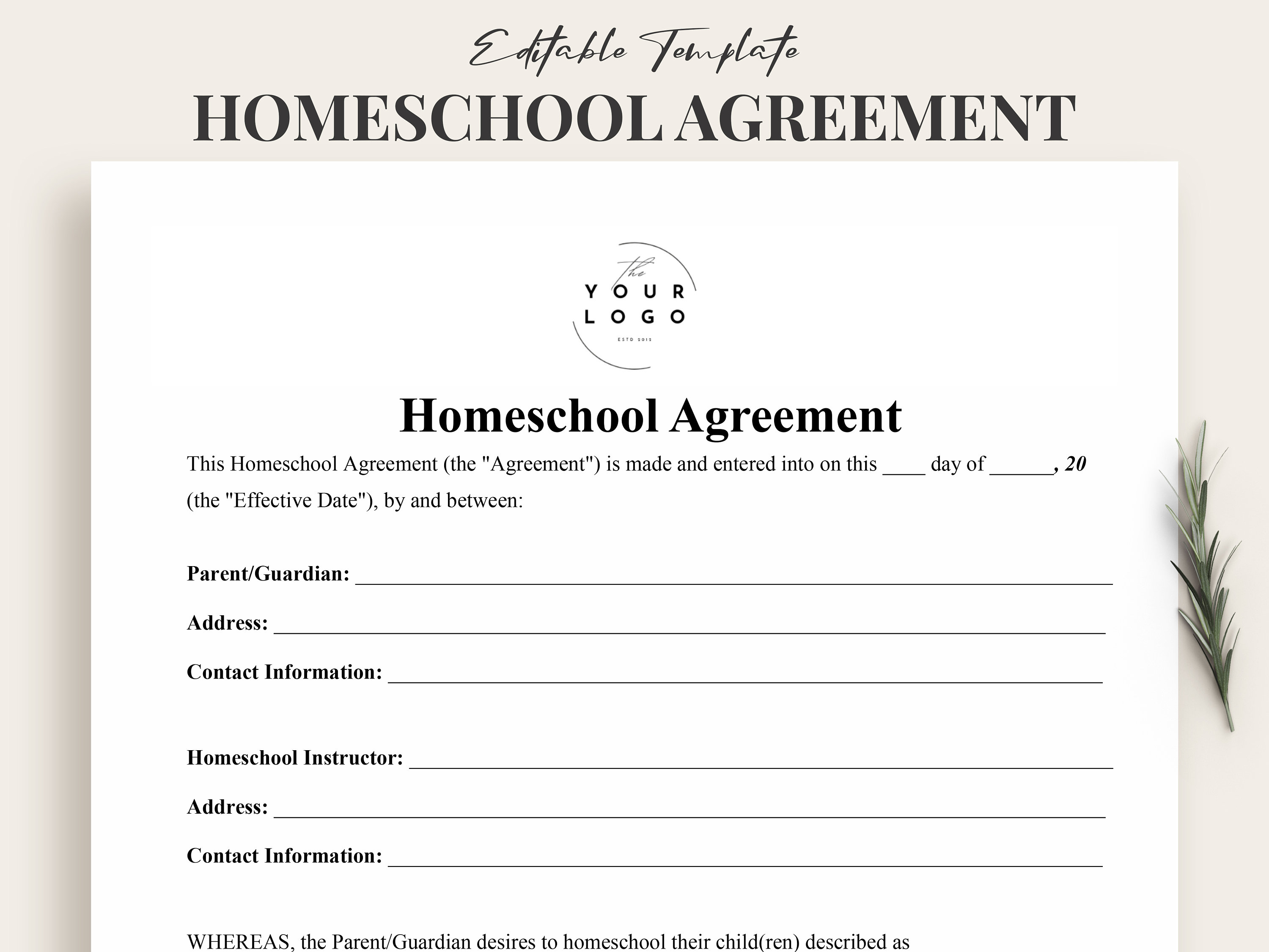 Customizable Homeschool Agreement Template - Editable Home Education ...