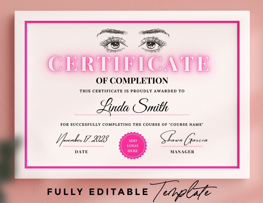 Editable Lash Certificate of Completion Template, Printable Lash ...