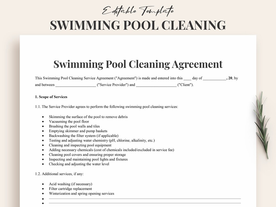 Swimming Pool Cleaning Contract Template | Detailed Pool Service ...