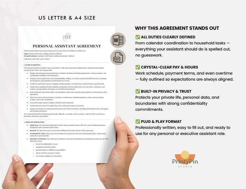 Personal Assistant Contract Template – Editable Agreement | PA Service ...