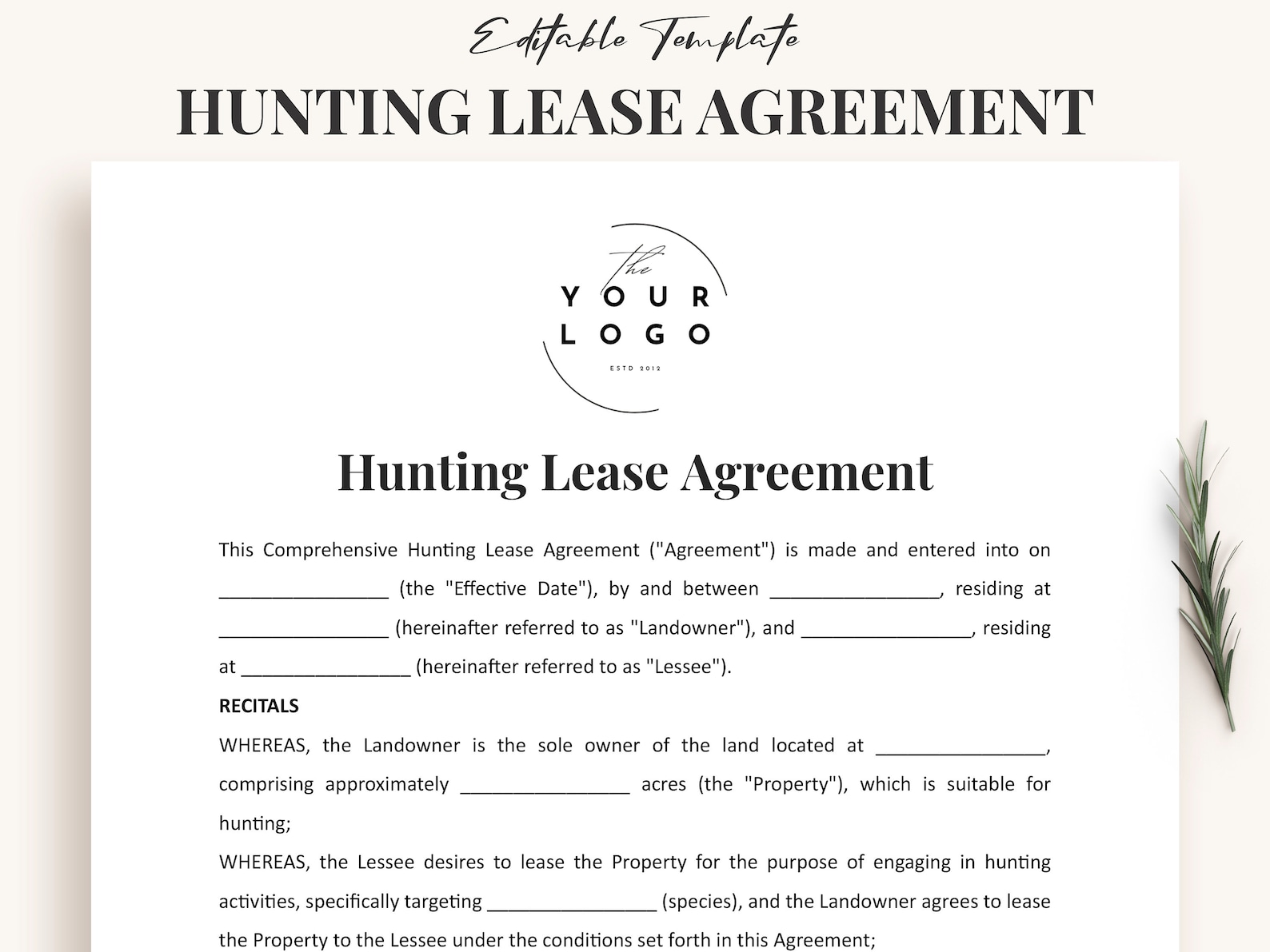 Hunting Land Lease Agreement Template - Customizable Contract for ...