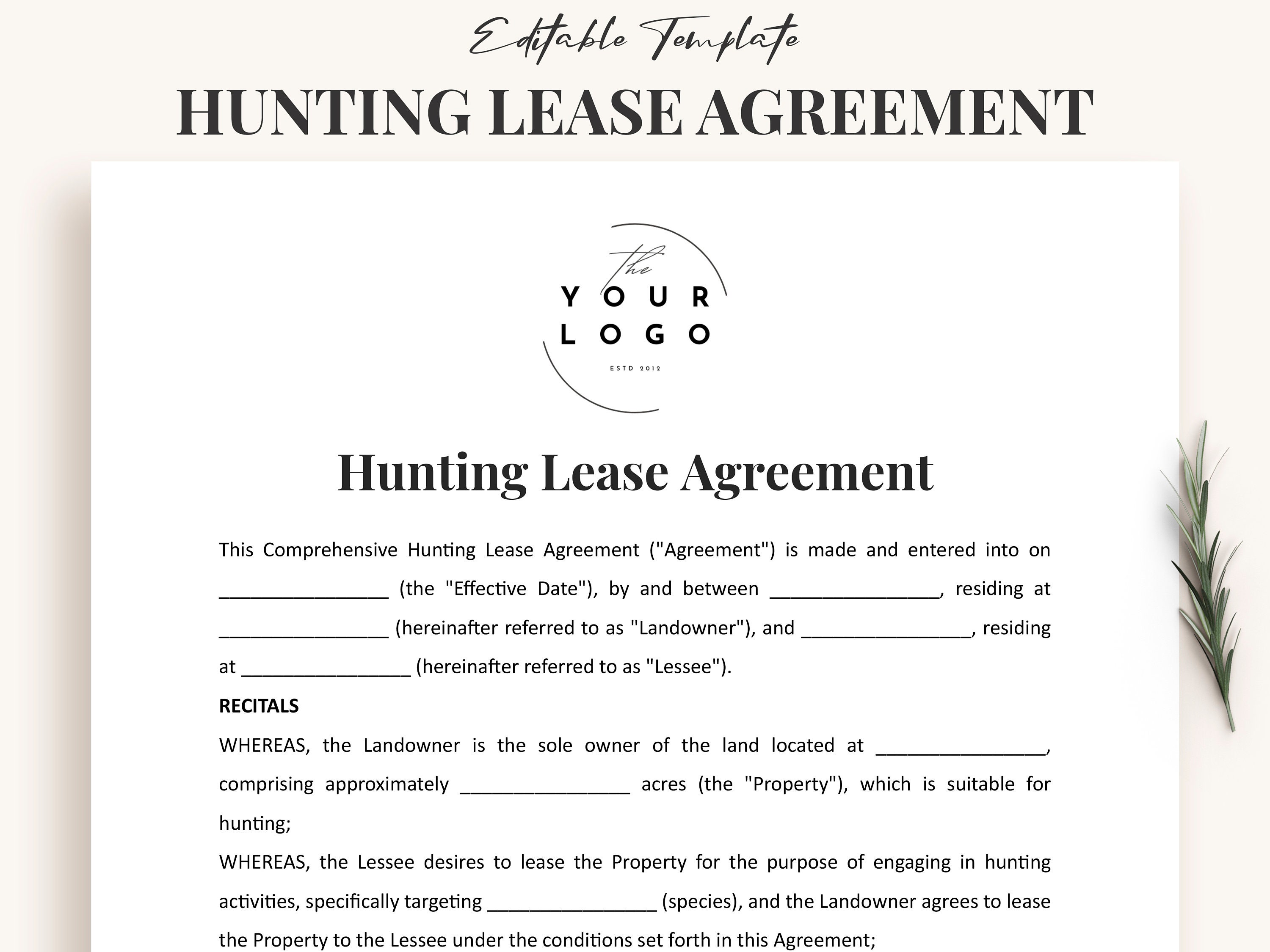 Hunting Land Lease Agreement Template - Customizable Contract for ...