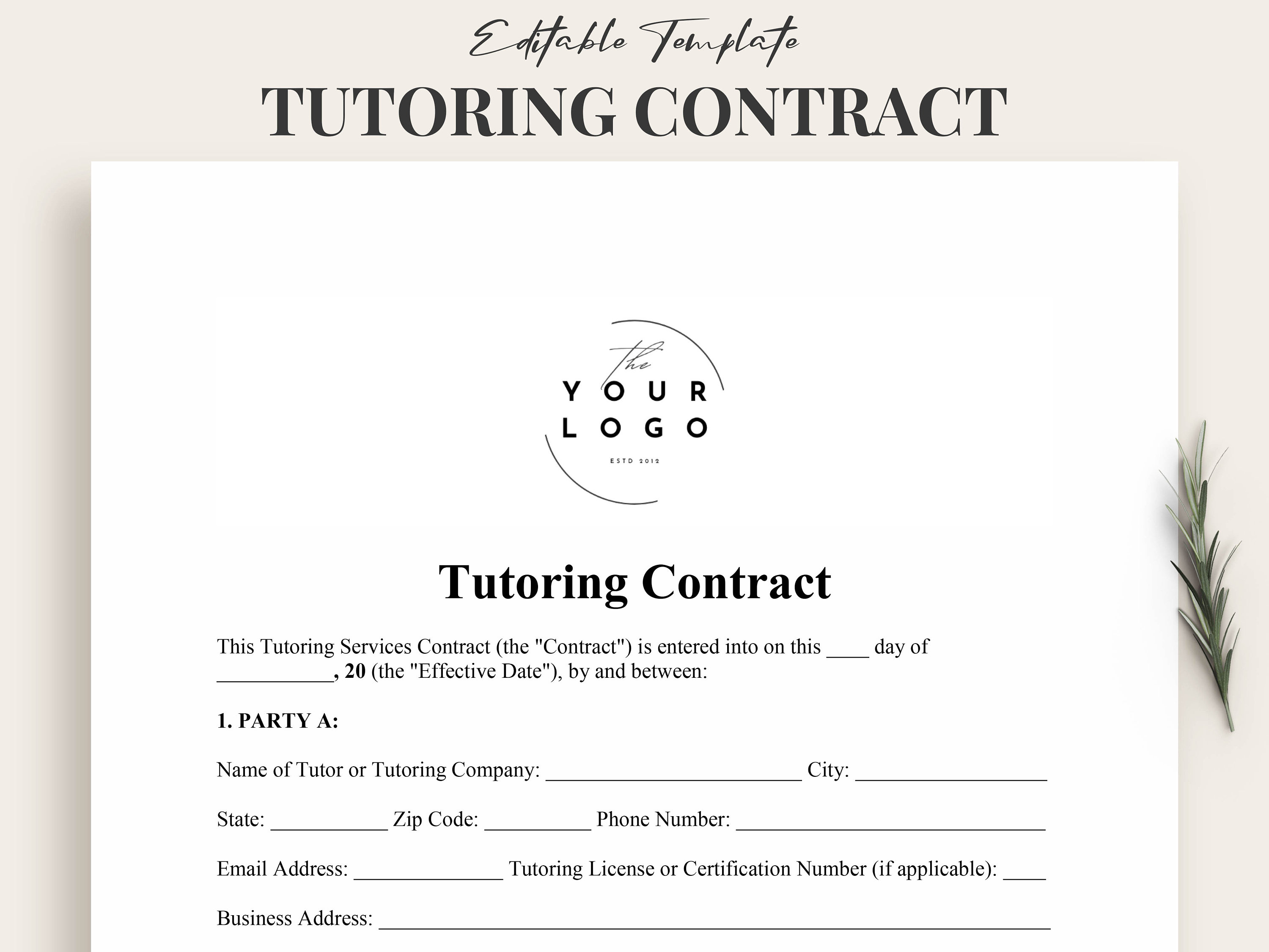 Tutoring Contract Template | Editable Tutor Agreement | Printable ...