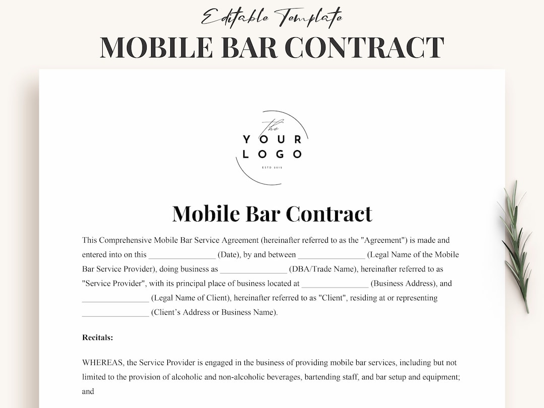 Customizable Mobile Bar Contract Template for Events - Editable Bar ...