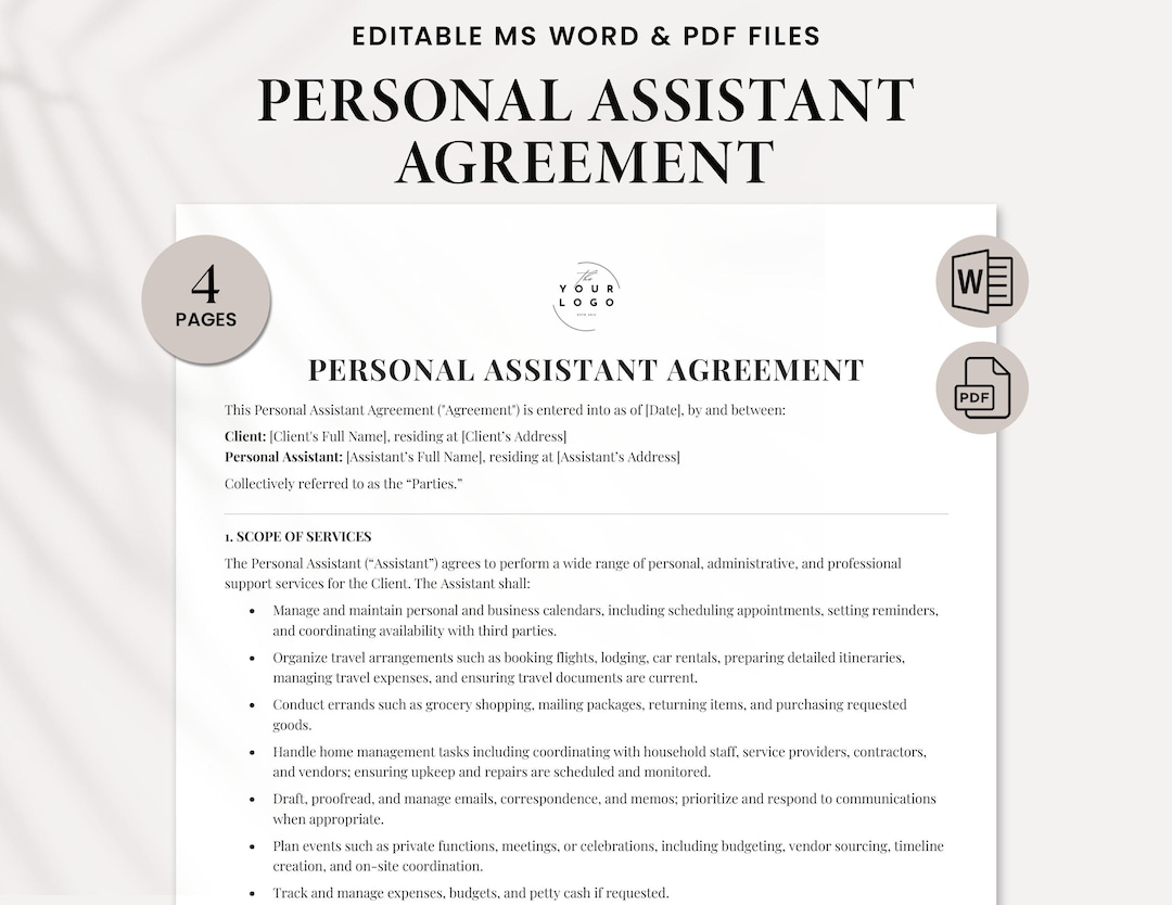 Personal Assistant Contract Template – Editable Agreement | PA Service ...