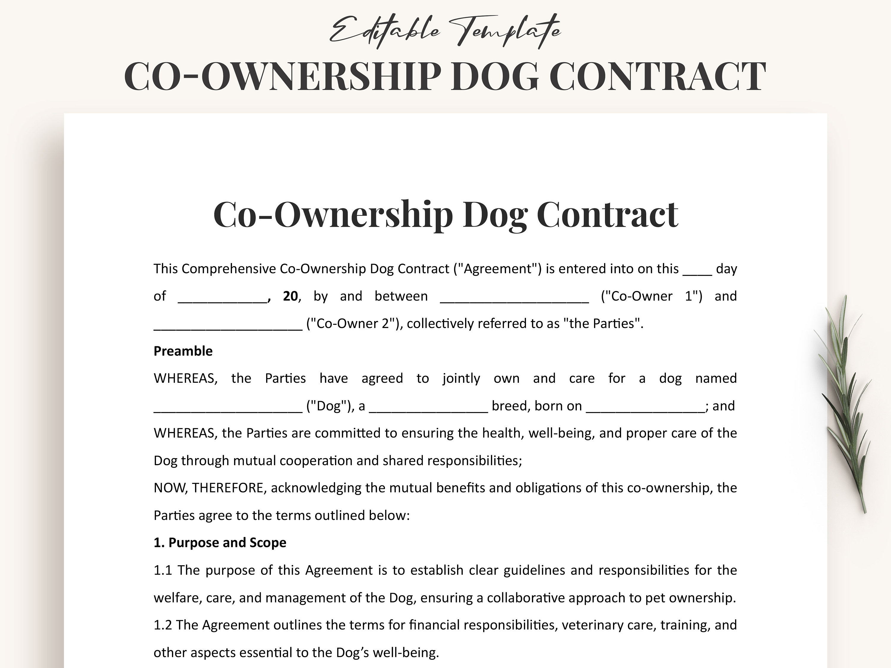 Dog Co-ownership Agreement Template - Customizable Pet Sharing Contract ...