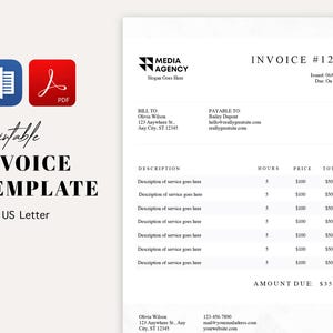 Editable Invoice Template Word PDF Download Printable Customizable ...