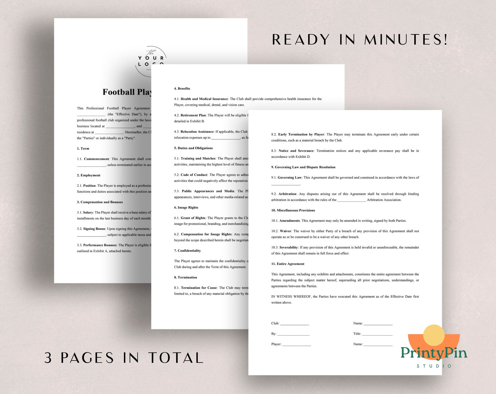 Football Player Contract Template - Professional Sports Agreement ...