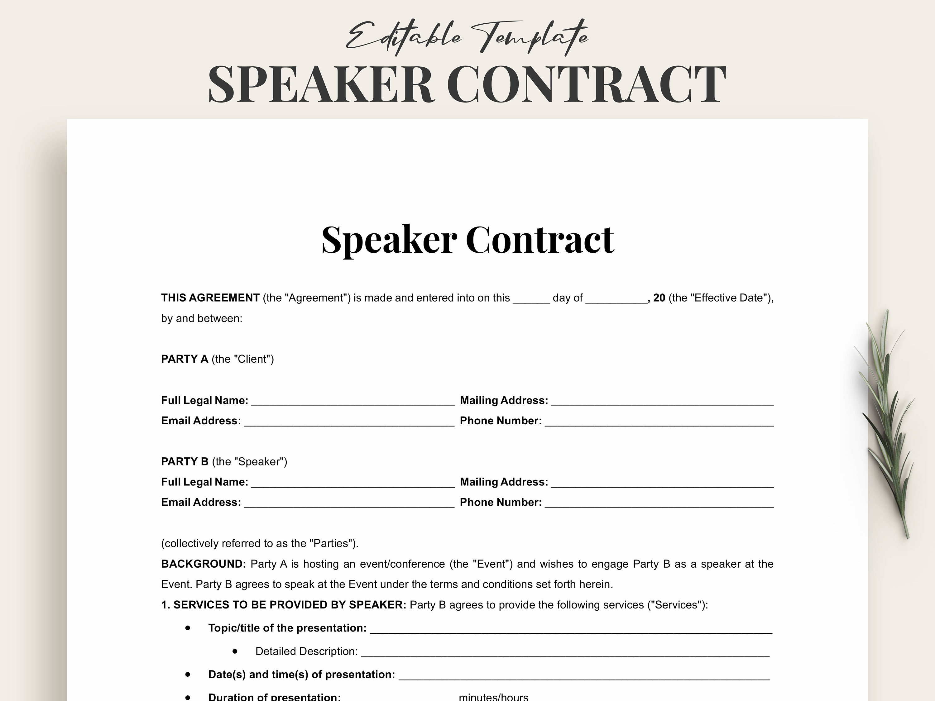 Speaker Contract Template Word & PDF - Editable / Customizable ...