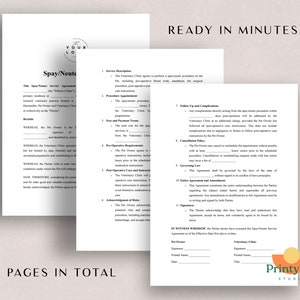 Spay Neuter Contract Template - Instant Download, Pet Surgery Agreement ...