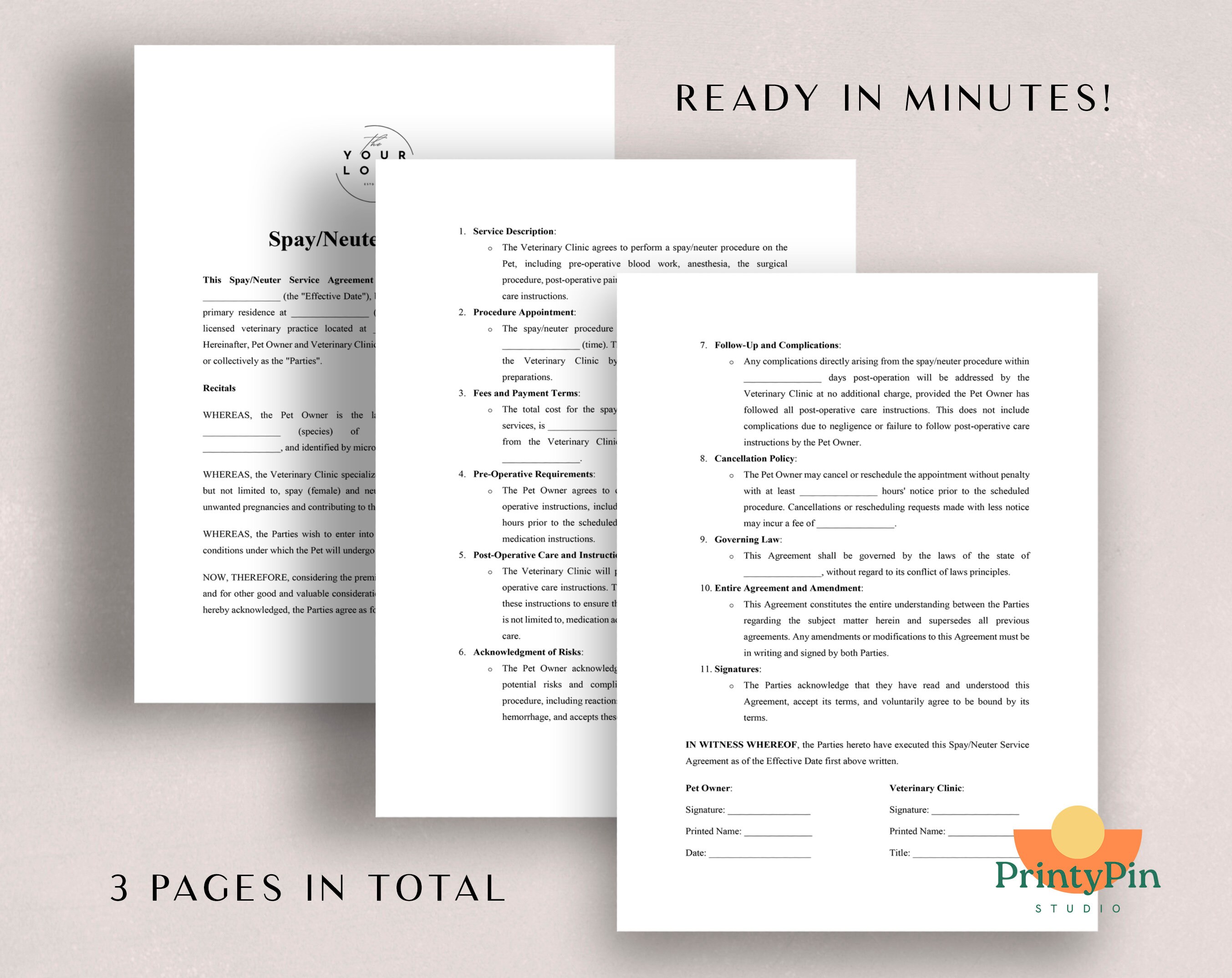 Spay Neuter Contract Template - Instant Download, Pet Surgery Agreement ...