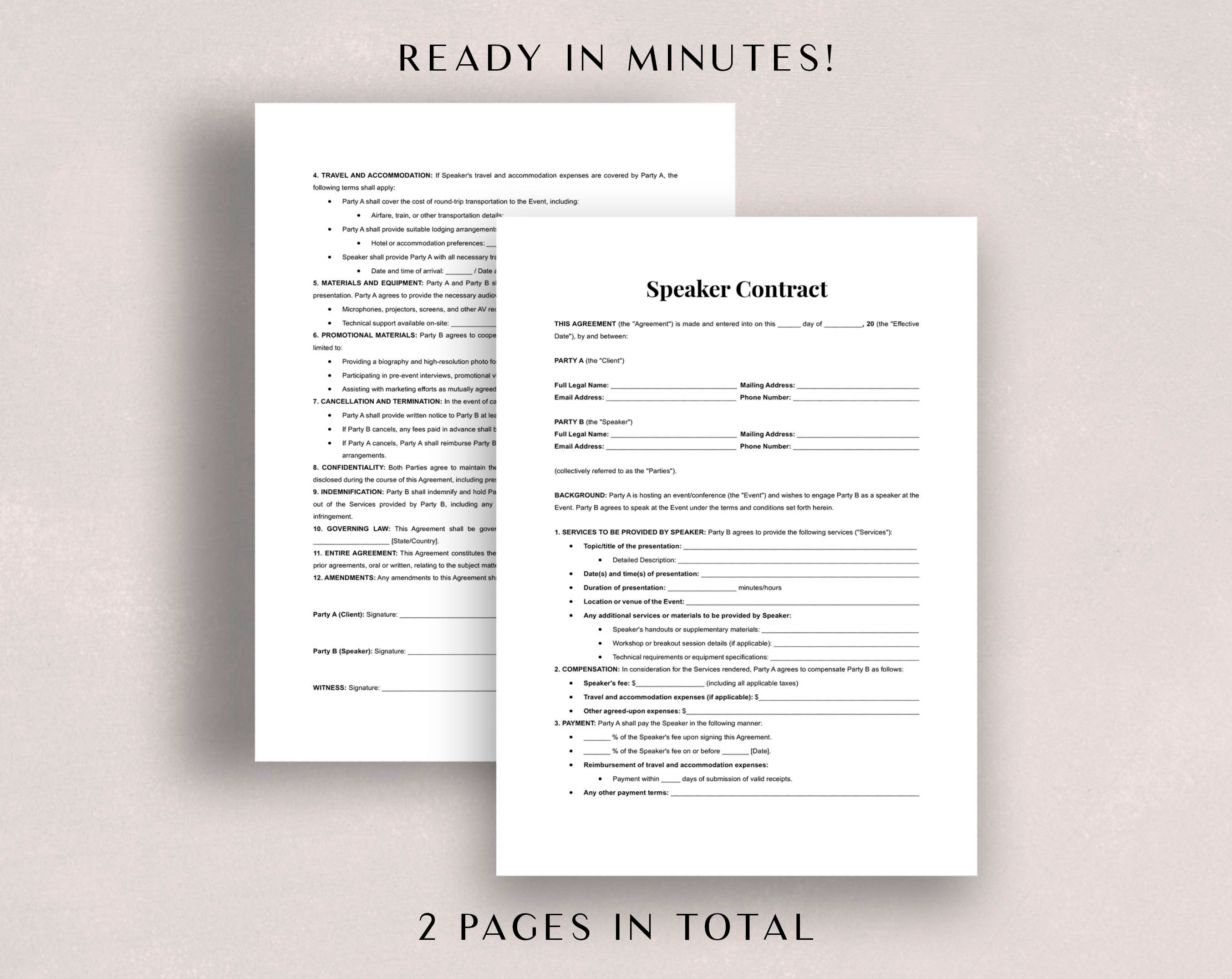 Speaker Contract Template Word & PDF - Editable / Customizable ...